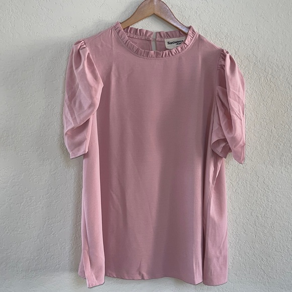Tops | Nwt Pink Ruffle Collar Blouse | Poshmark